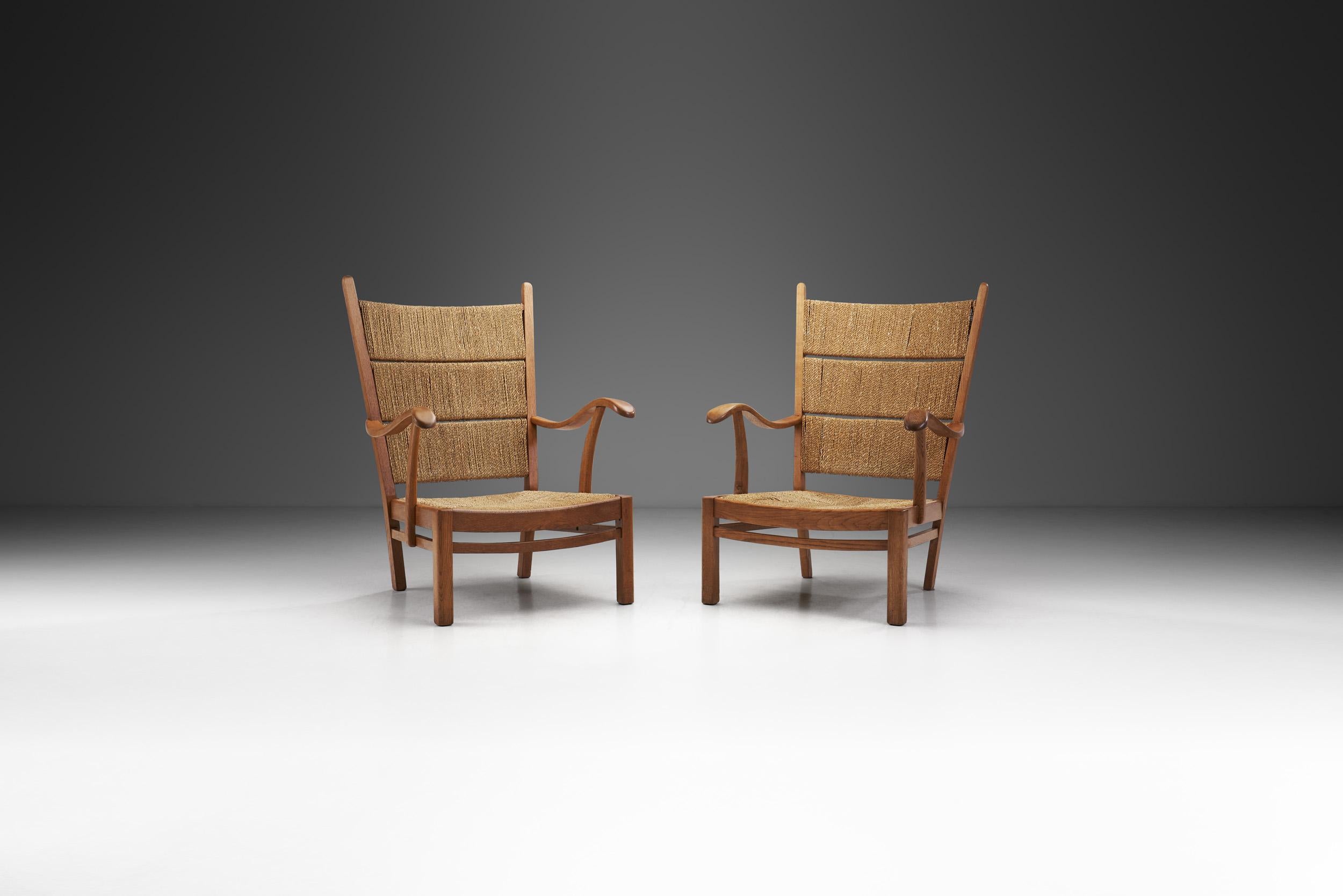 Bas Van Pelt Oak and Straw High Back Armchairs, the Netherlands, 1940s ...