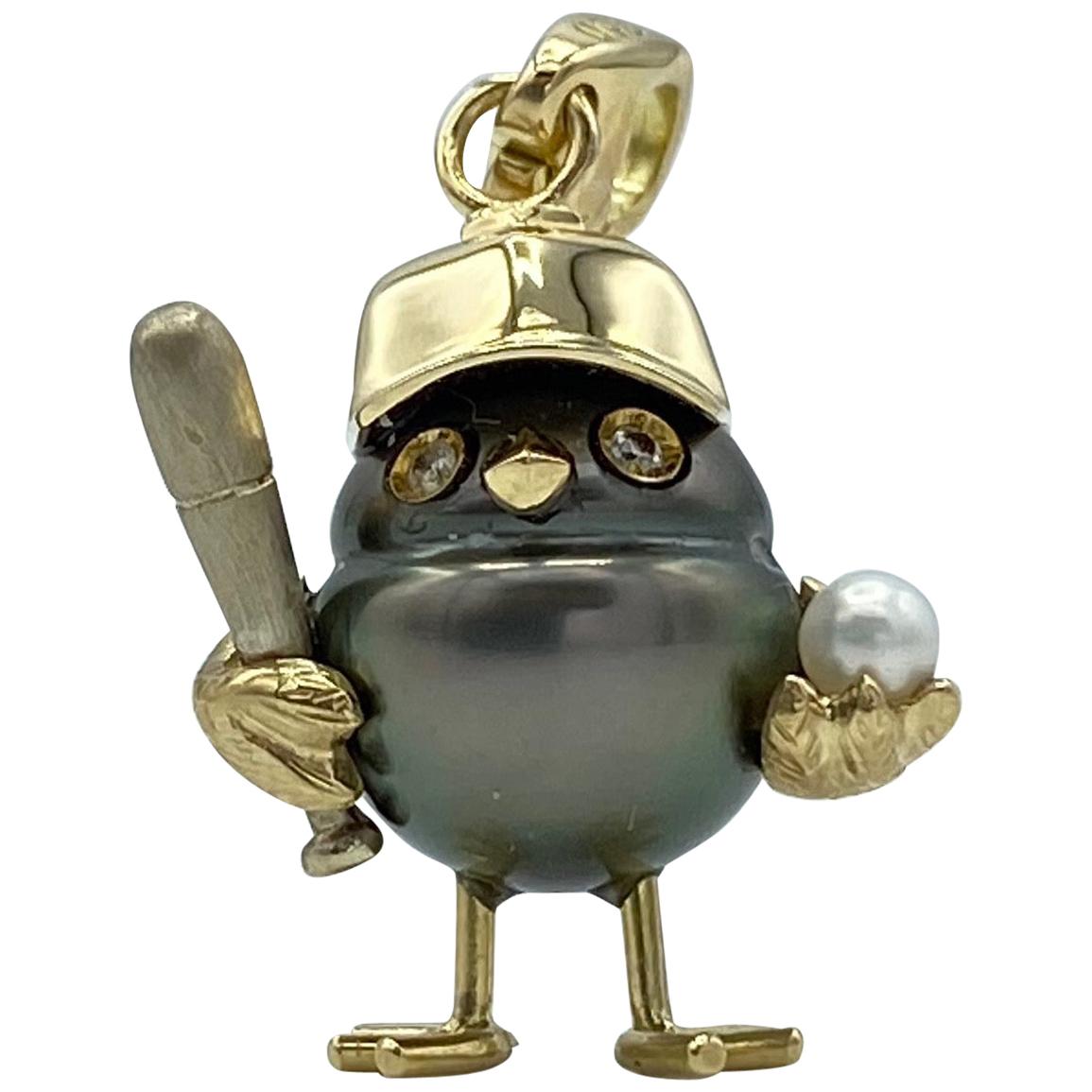 Baseball Player Chick Black Diamond 18K Tahitian Pearl Charm or Pendant ...