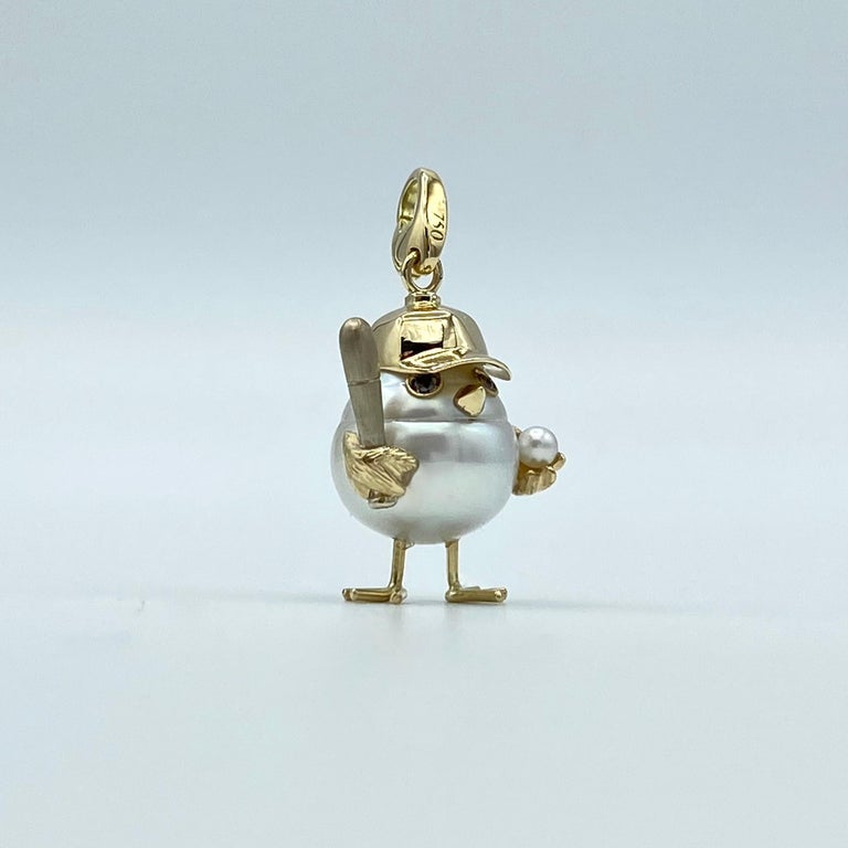 Baseball Player Chick Black Diamond 18Kt Australian Pearl Charm Pendant ...