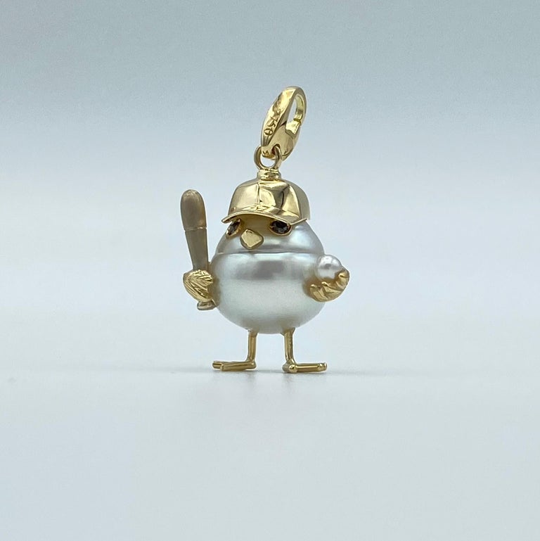 Baseball Player Chick Black Diamond 18Kt Australian Pearl Charm Pendant ...