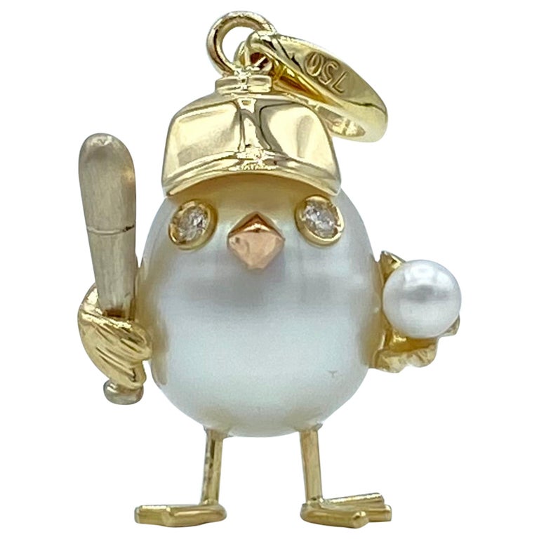 Baseball Player Chick White Diamond 18Kt Australian Pearl Charm Pendant ...