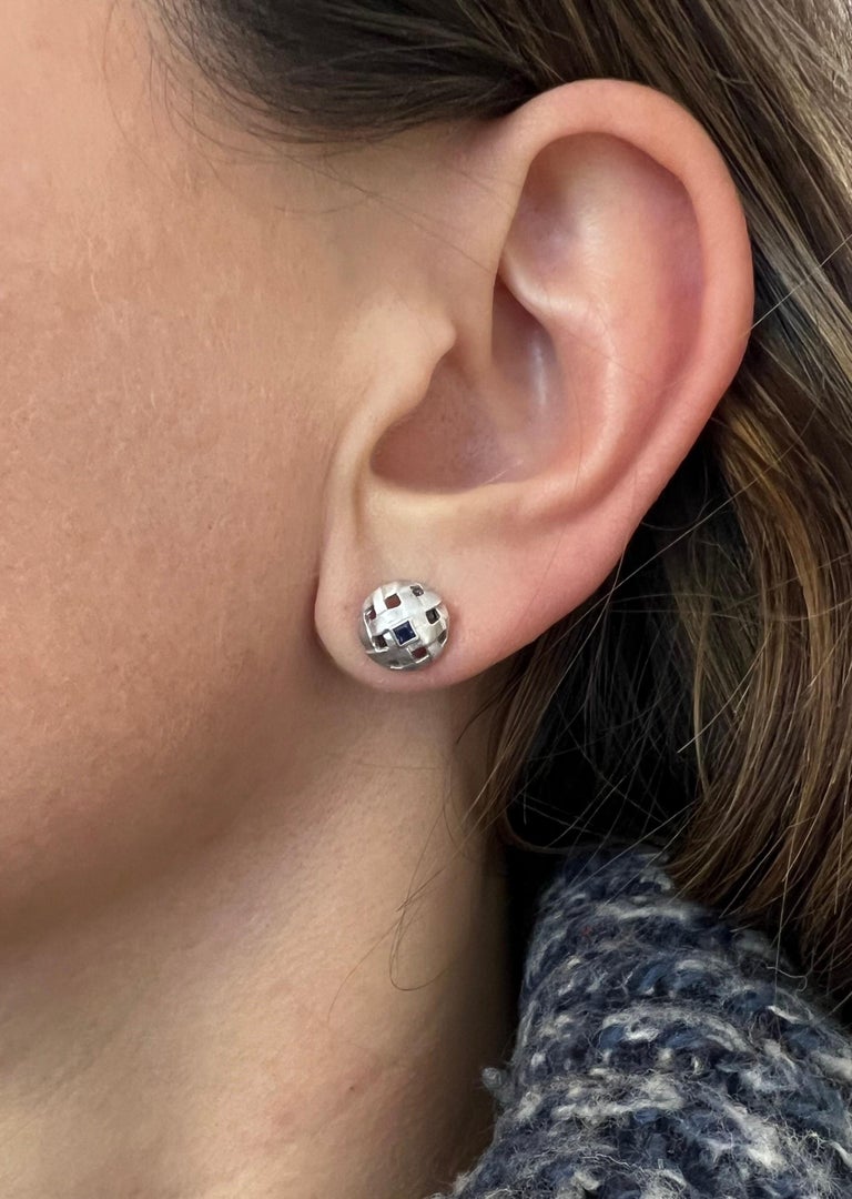 Basket Weave Stud Earrings with Square Sapphire White Gold For Sale at ...