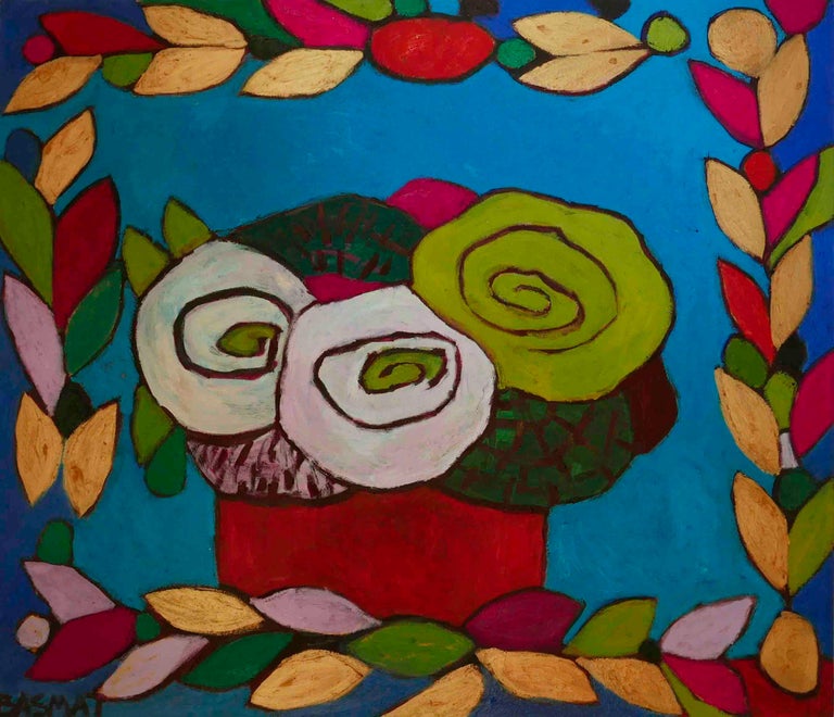 Basmat Levin - Colourful Flowers in Gold Frame Print on Canvas For Sale ...