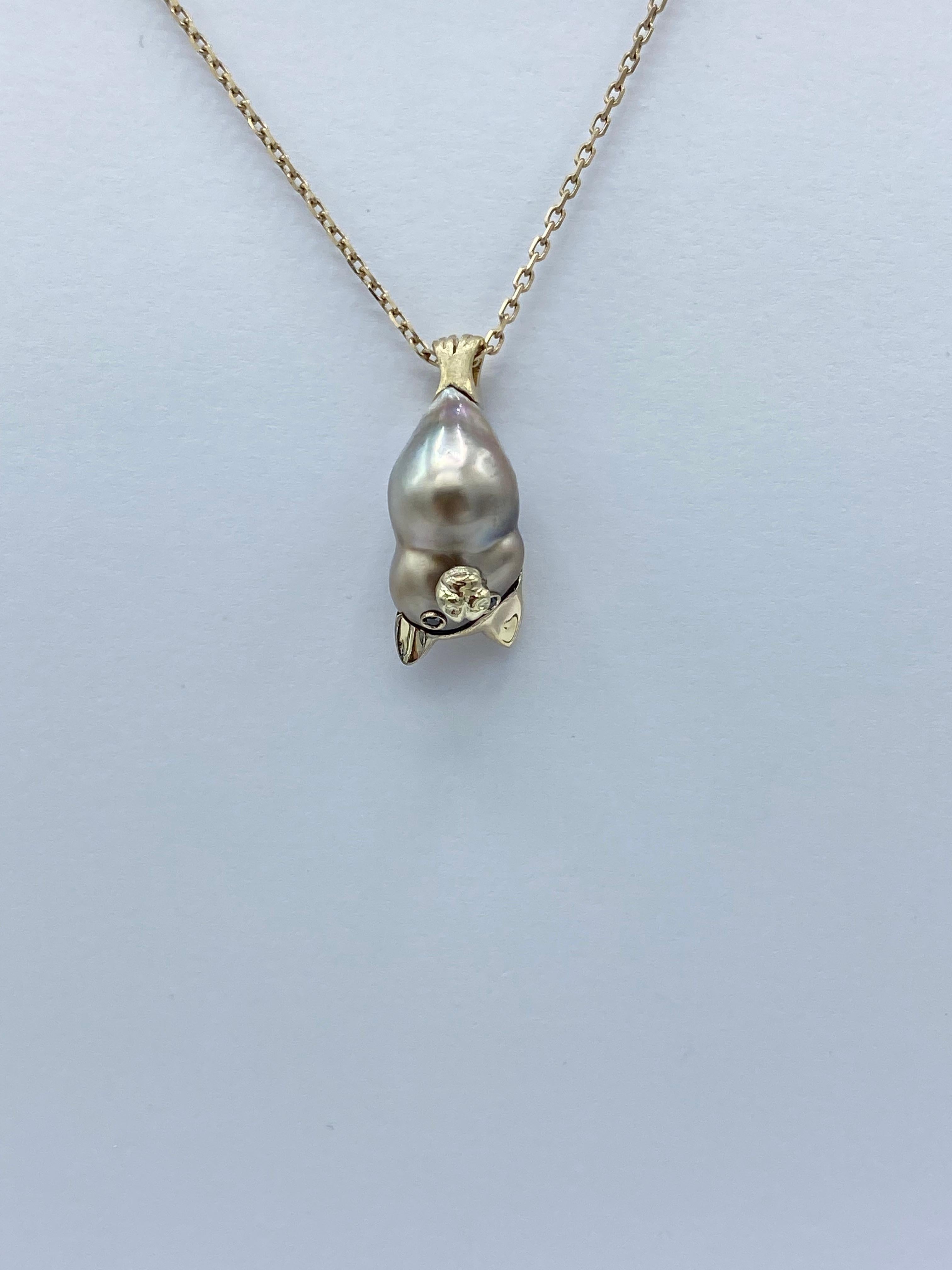 Bat Keshi Tahitian Pearl 18 Karat Gold Black Diamond Pendant Necklace ...