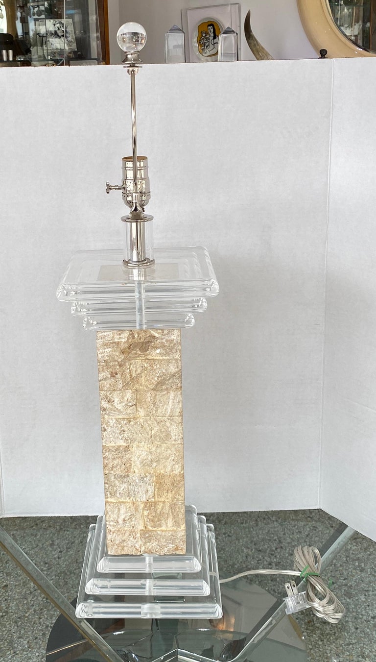 Bauer Lamp Company Travertine and Lucite Table Lamp For Sale at 1stDibs