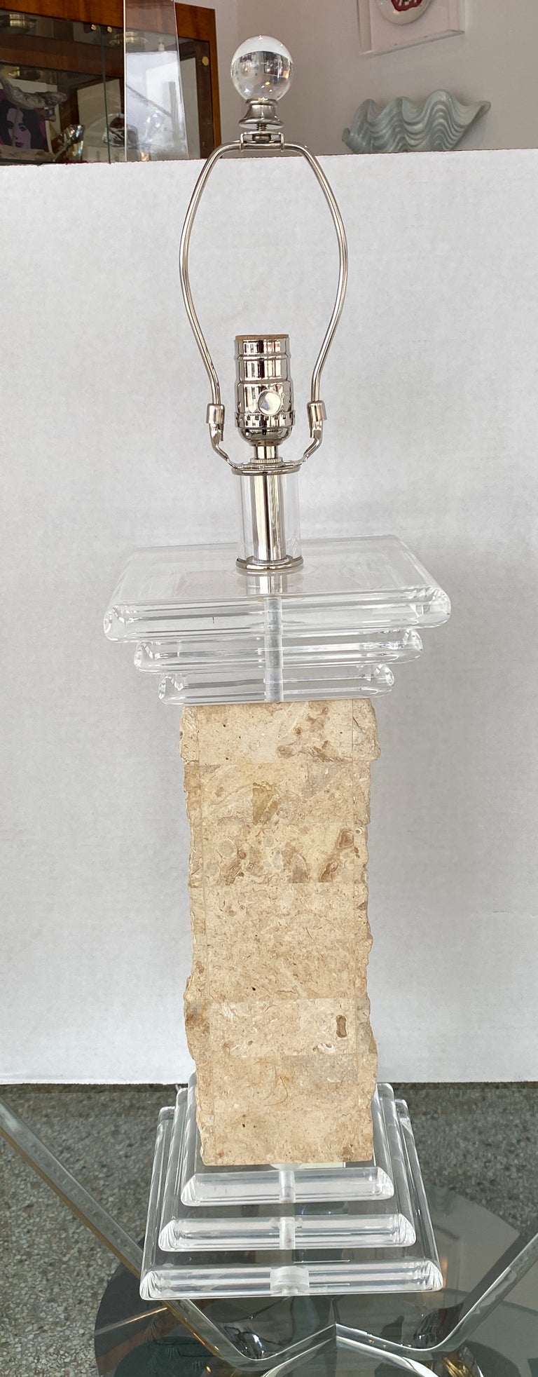 Bauer Lamp Company Travertine and Lucite Table Lamp For Sale at 1stDibs