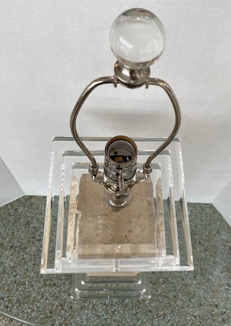 Bauer Lamp Company Travertine and Lucite Table Lamp For Sale at 1stDibs