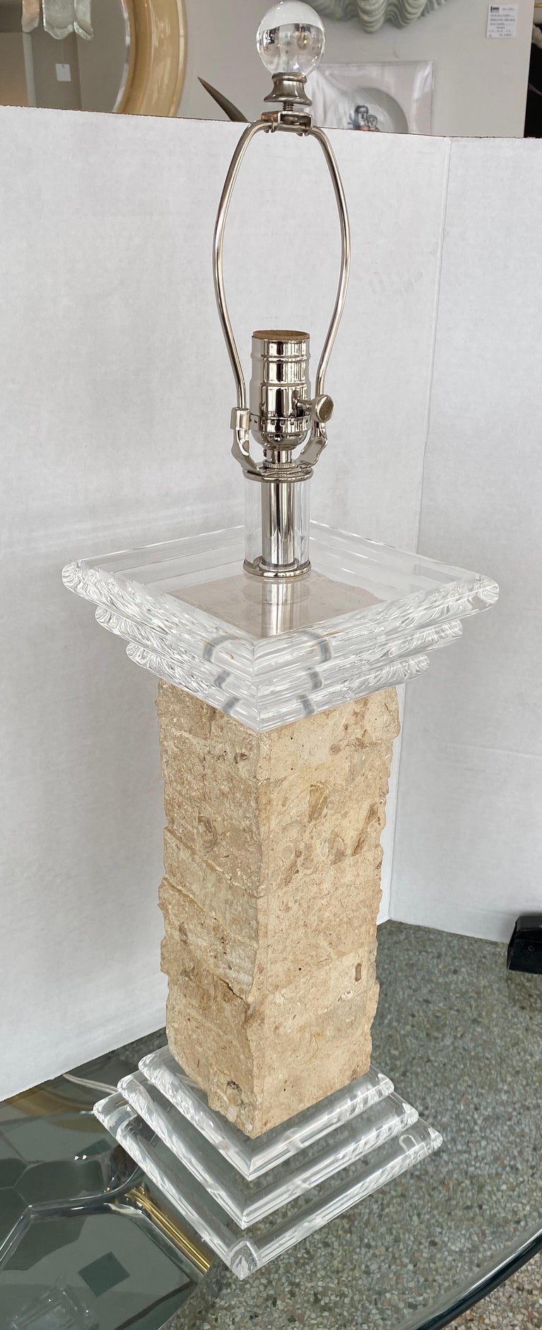 Bauer Lamp Company Travertine and Lucite Table Lamp For Sale at 1stDibs