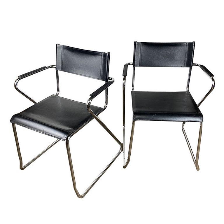 Bauhaus Black Chrome Tubular Director Arm Chairs, a Pair after Marcel ...