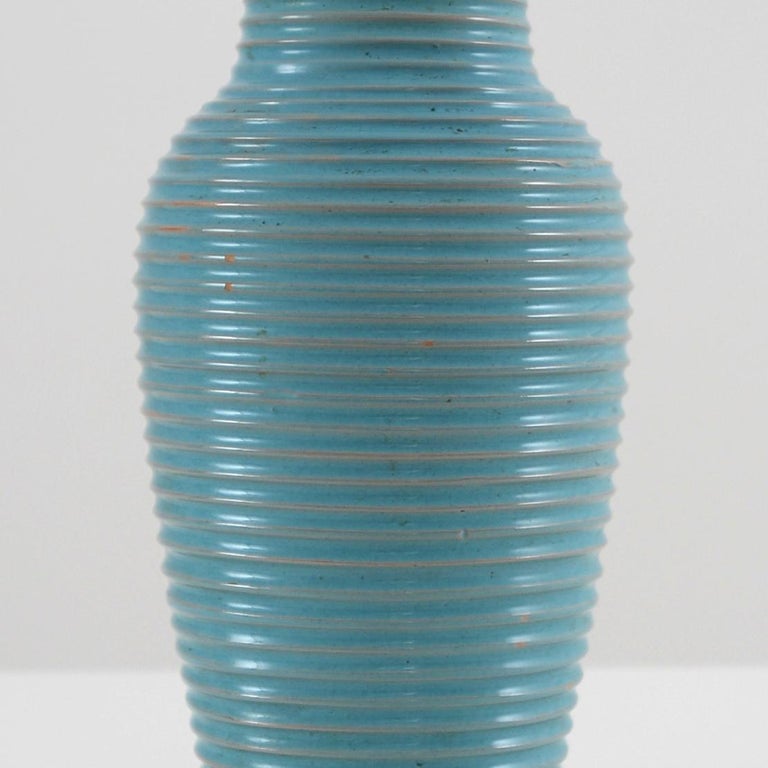 Bauhaus Ceramic Vase with Grooves Decor and Glaze in Cyan Tone, Germany ...