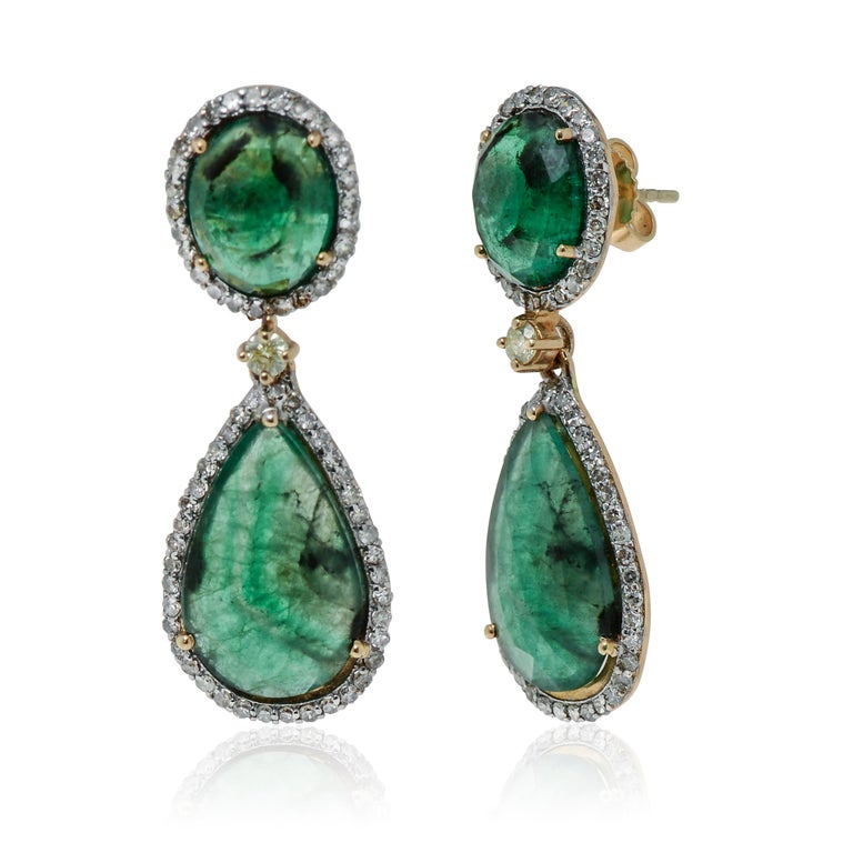 Bavna 18k Yellow Gold, Emerald and Diamond Drop Earrings For Sale at ...