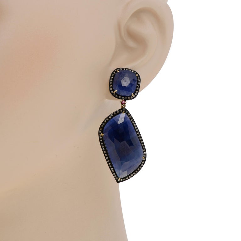 Bavna Sterling Silver, Blue Sapphire and Pave Diamond Drop Earrings For ...