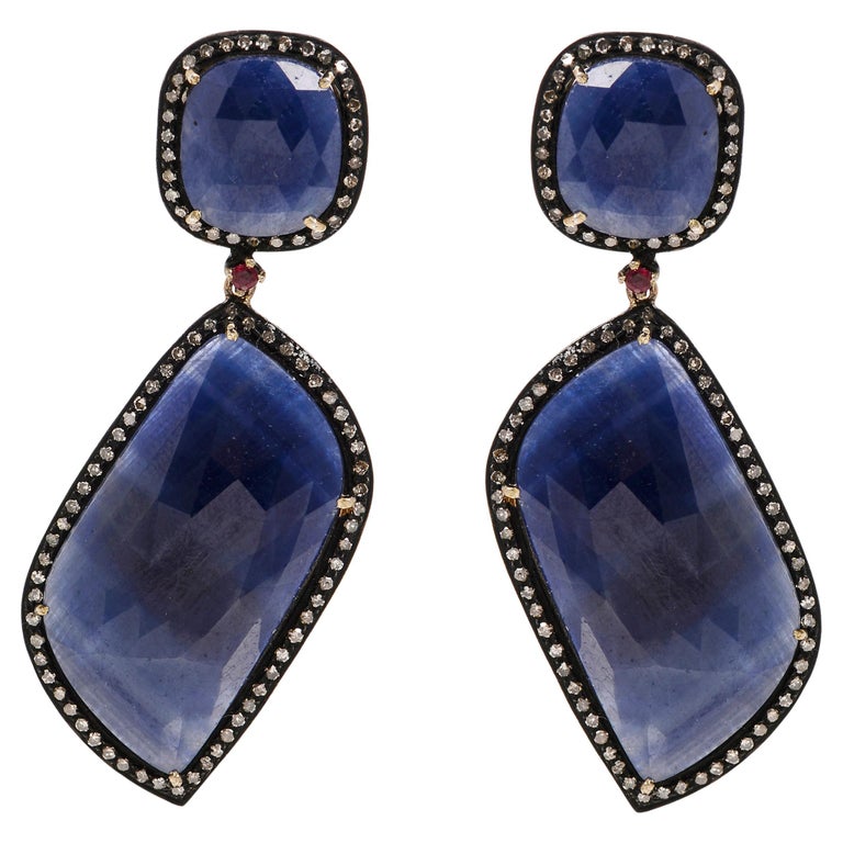 Bavna Sterling Silver, Blue Sapphire and Pave Diamond Drop Earrings For ...
