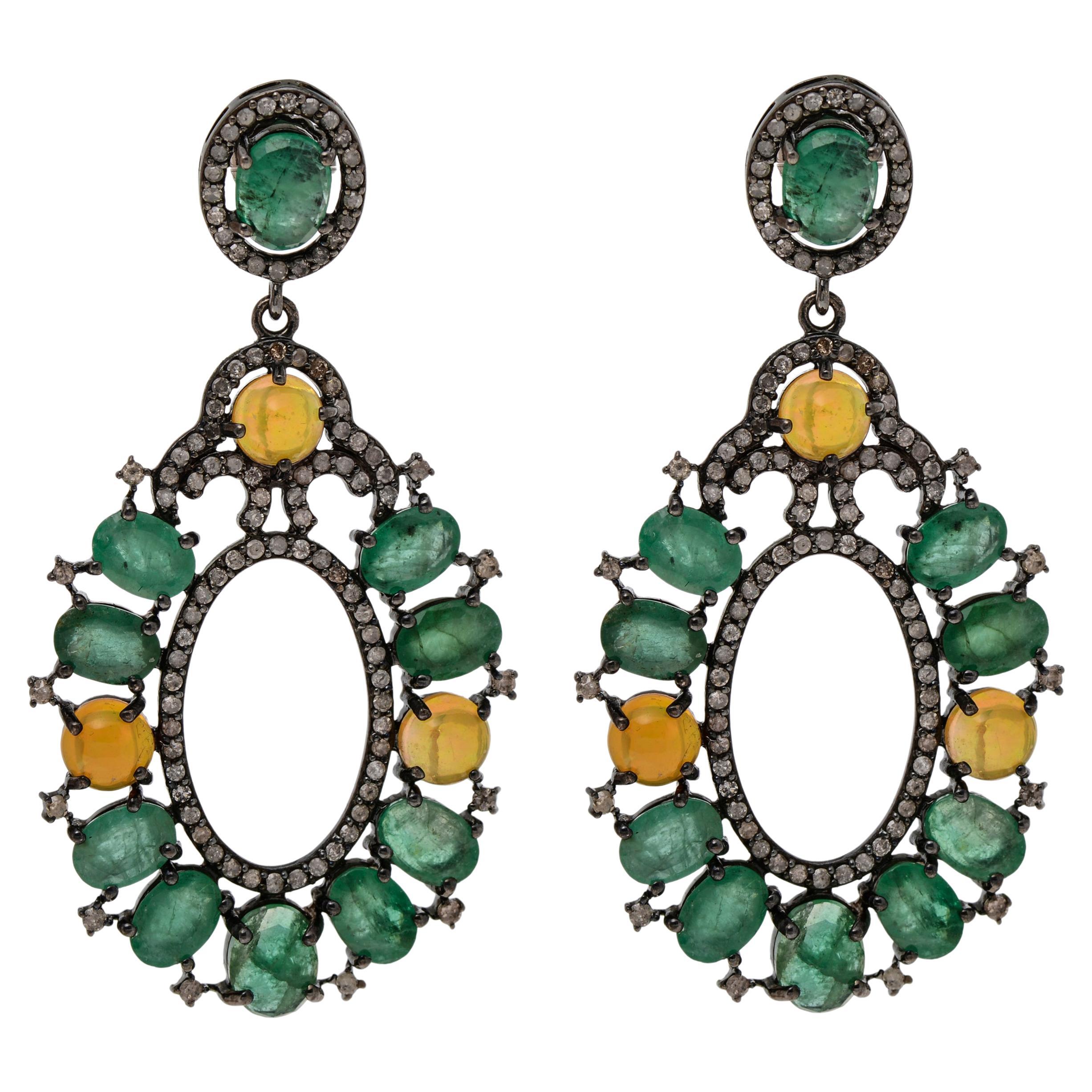 Bavna Sterling Silver, Emerald and Diamond Drop Earrings For Sale at 1stDibs