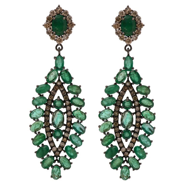 Bavna Sterling Silver, Emerald and Champagne Diamond Drop Earrings For ...