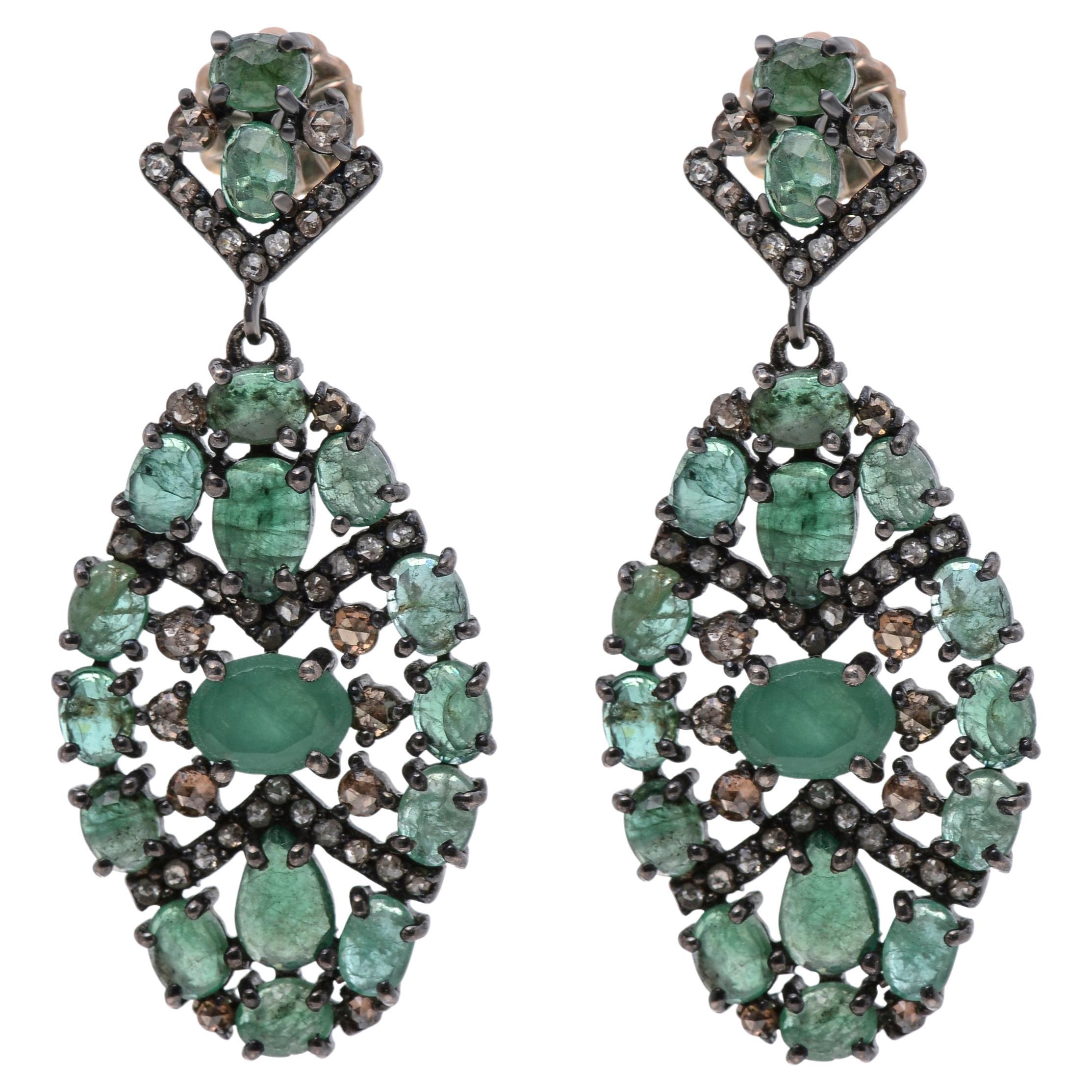 Bavna Sterling Silver, Emerald and Diamond Drop Earrings For Sale at 1stDibs