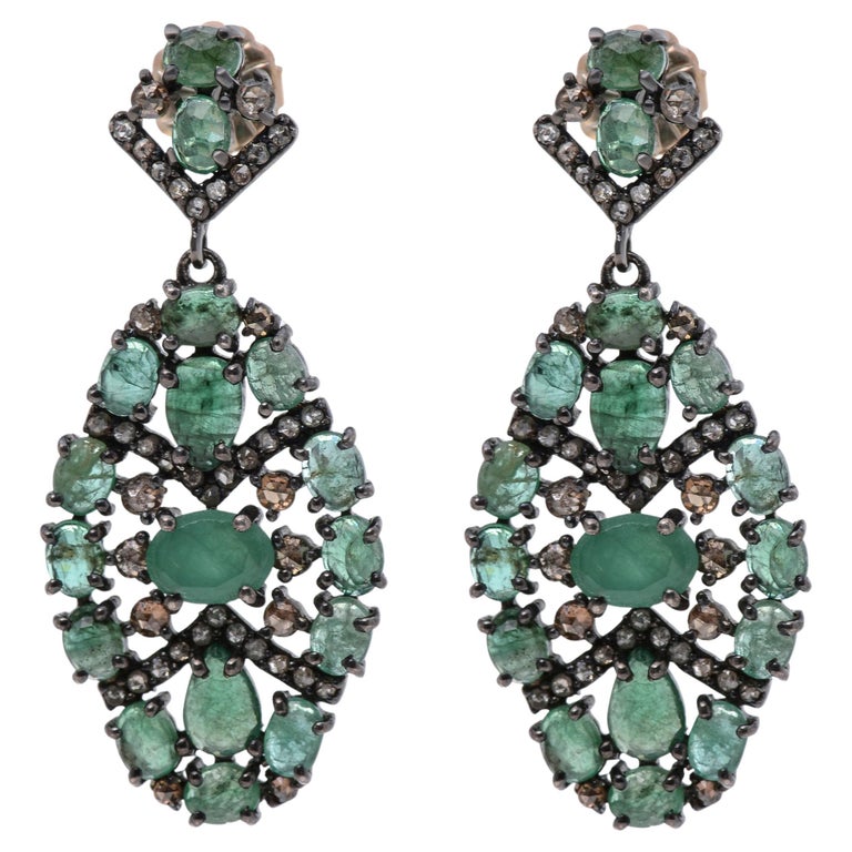 Bavna Sterling Silver, Emerald and Diamond Drop Earrings For Sale at ...