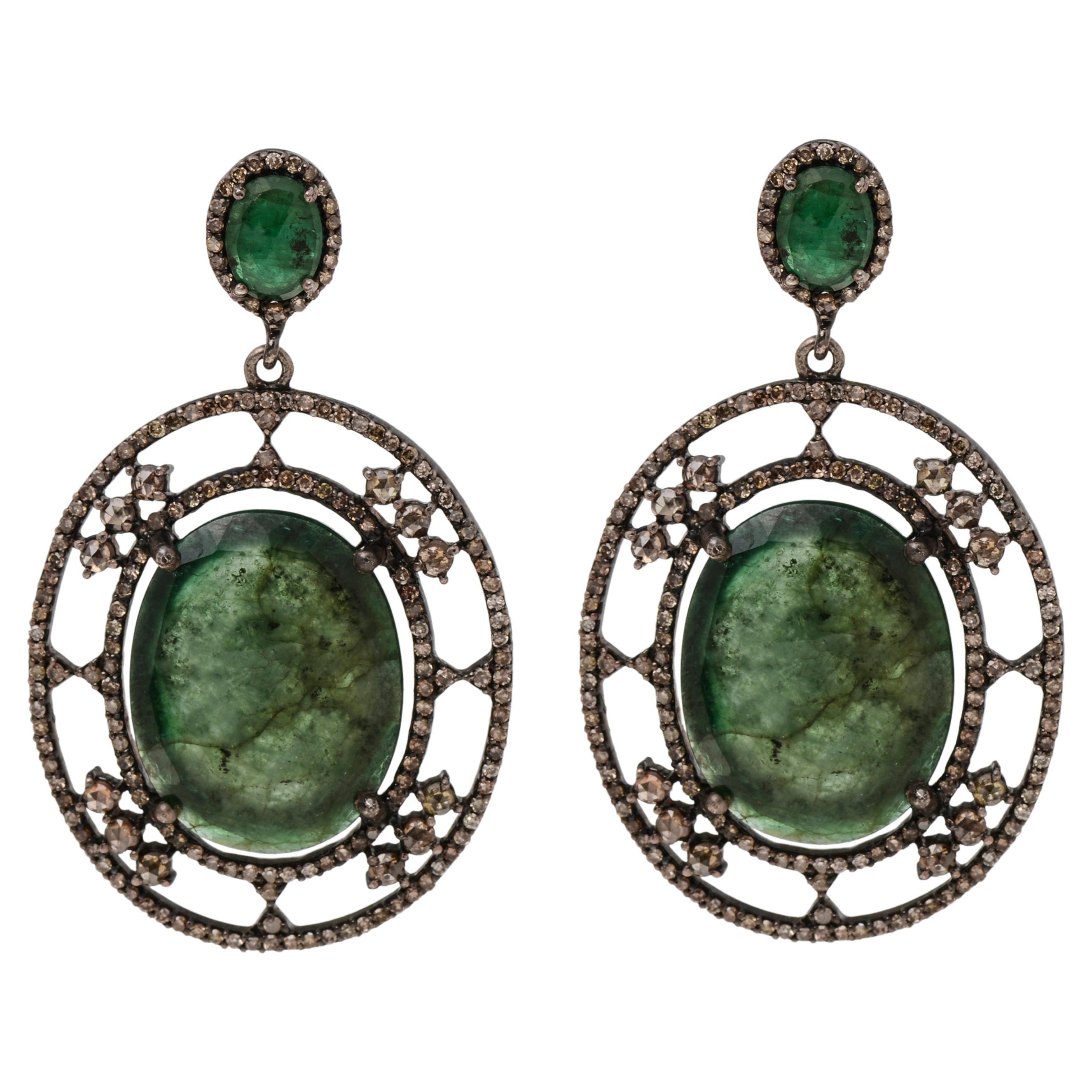 Bavna Sterling Silver, Emerald and Diamond Drop Earrings For Sale at 1stDibs