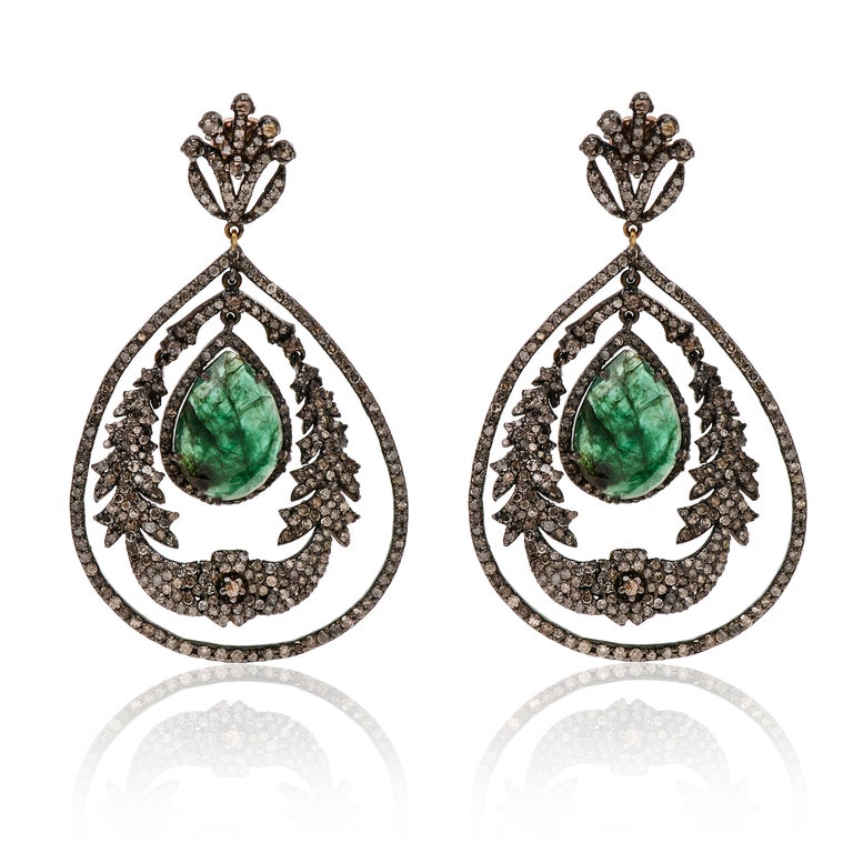 Bavna Sterling Silver, Emerald and Diamonds Drop Earrings For Sale at ...