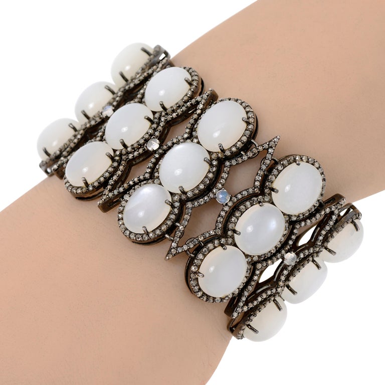 Bavna Sterling Silver, Moonstone and Diamond Layered Bracelet For Sale ...