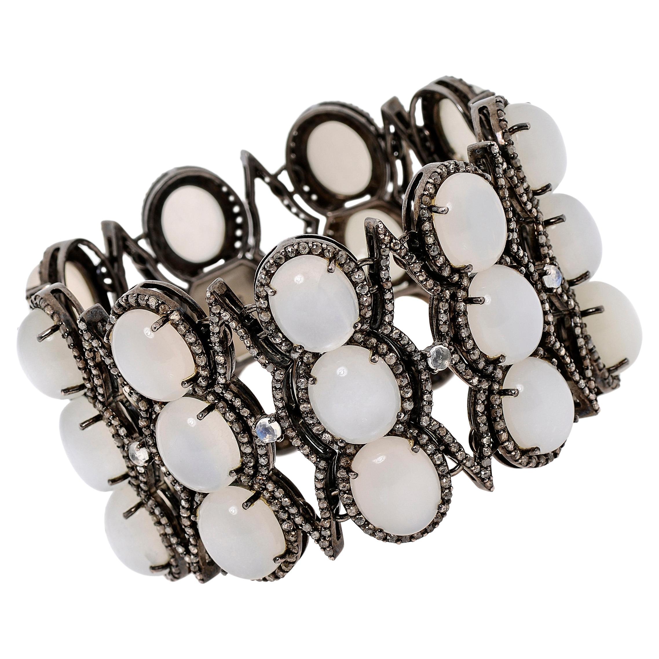 Bavna Sterling Silver Rainbow Moonstone and Diamonds Bangle Bracelet ...