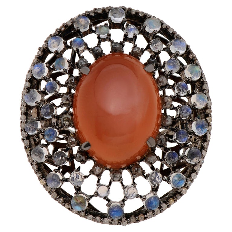 Bavna Sterling Silver, Moonstone and Diamond Ring For Sale at 1stDibs