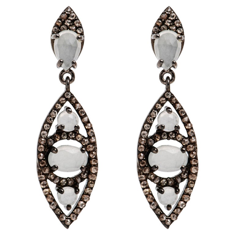 Bavna Sterling Silver, Moonstone and Diamond Drop Earrings For Sale at ...