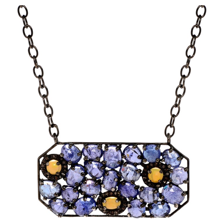 Bavna Sterling Silver, Opal and Diamond Bar Pendant Necklace For Sale ...