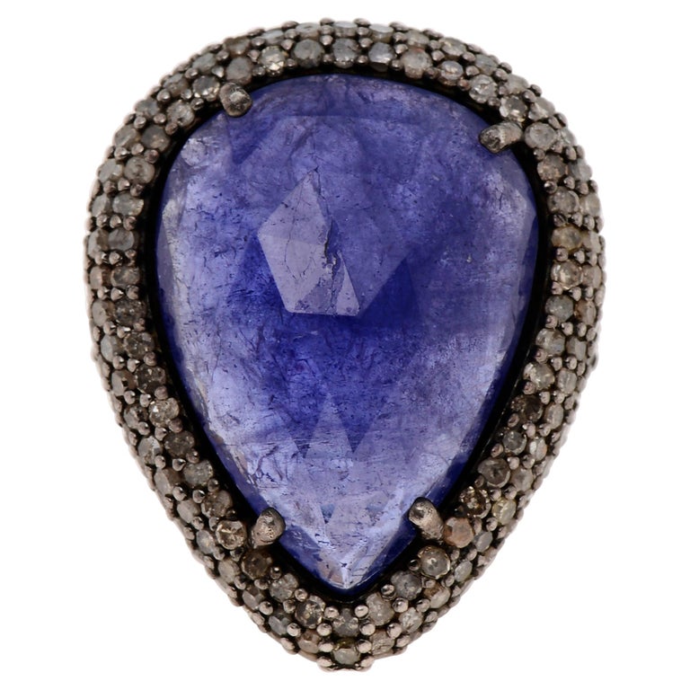 Bavna Sterling Silver Pear Shape Cut Tanzanite and Pave Diamonds Ring ...