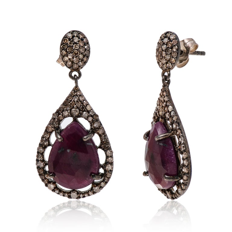 Bavna Sterling Silver, Ruby and Diamond Drop Earrings For Sale at 1stDibs