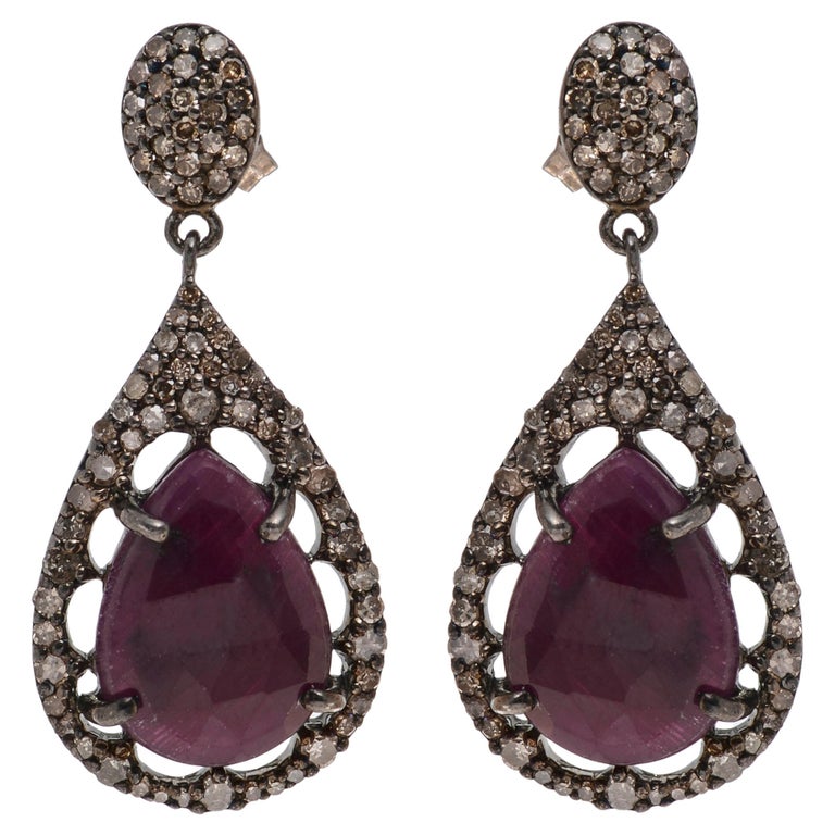 Bavna Sterling Silver, Ruby and Diamond Drop Earrings For Sale at 1stDibs