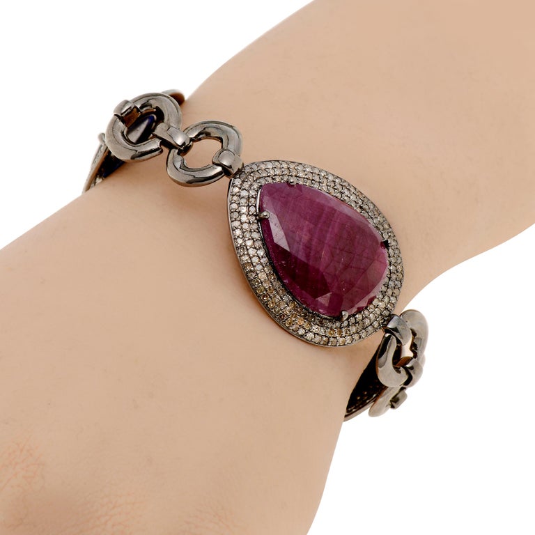 Bavna Sterling Silver, Sapphire, Ruby and Diamond Link Bracelet For ...