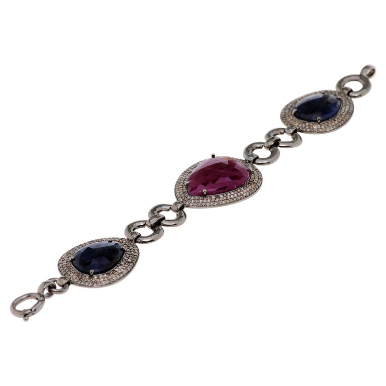 Bavna Sterling Silver, Sapphire, Ruby and Diamond Link Bracelet For ...