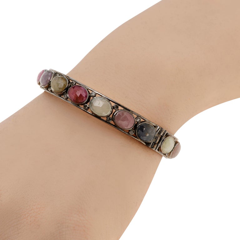 Bavna White Rhodium Multicolor Sapphire and Diamond Bangle Bracelet For ...