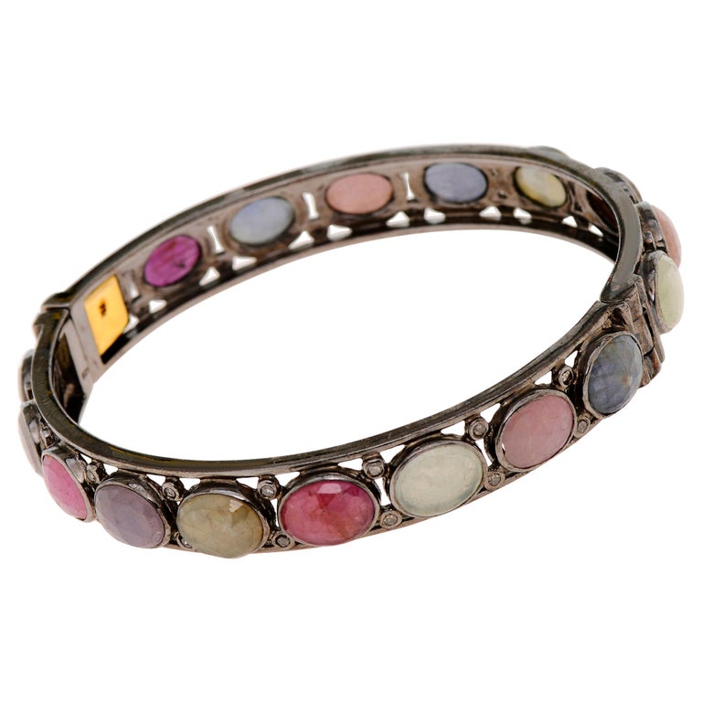 Bavna White Rhodium Multicolor Sapphire and Diamond Bangle Bracelet For ...