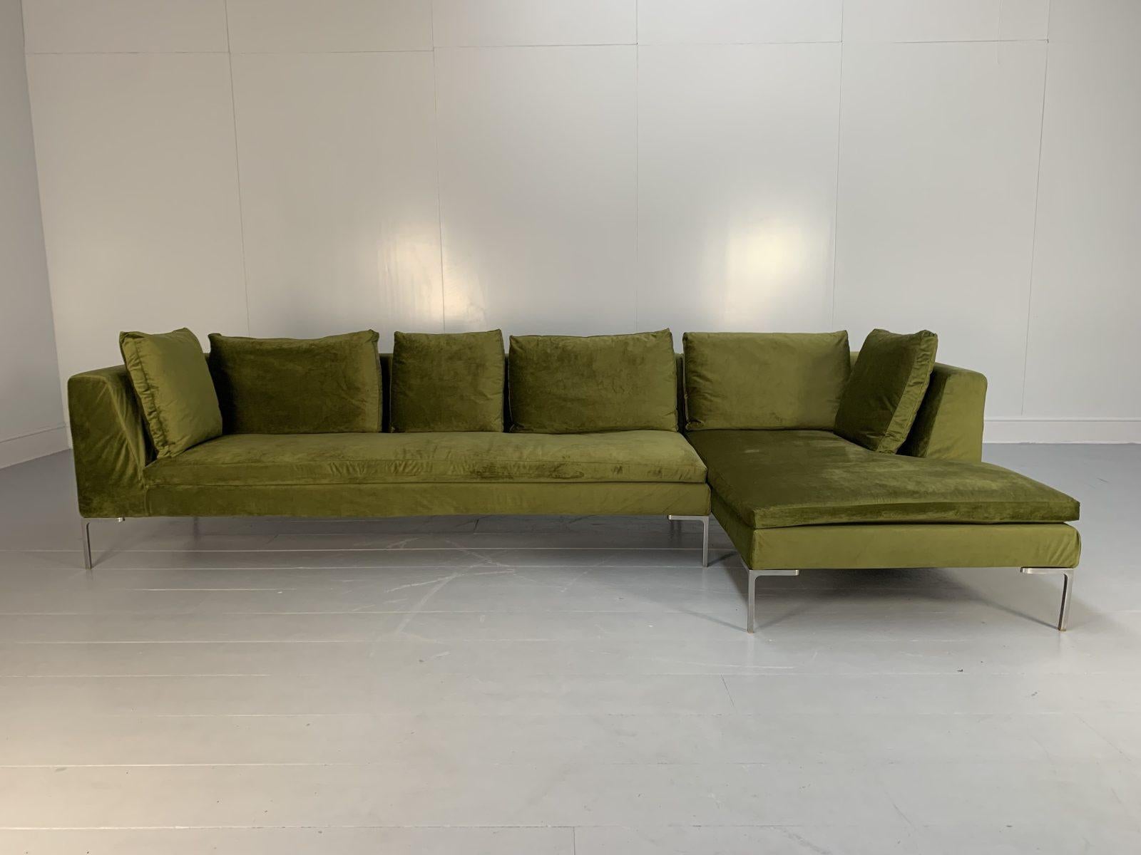 B&B Italia “Charles” L-Shape Sofa, in Mid-Green Velvet For Sale at 1stDibs