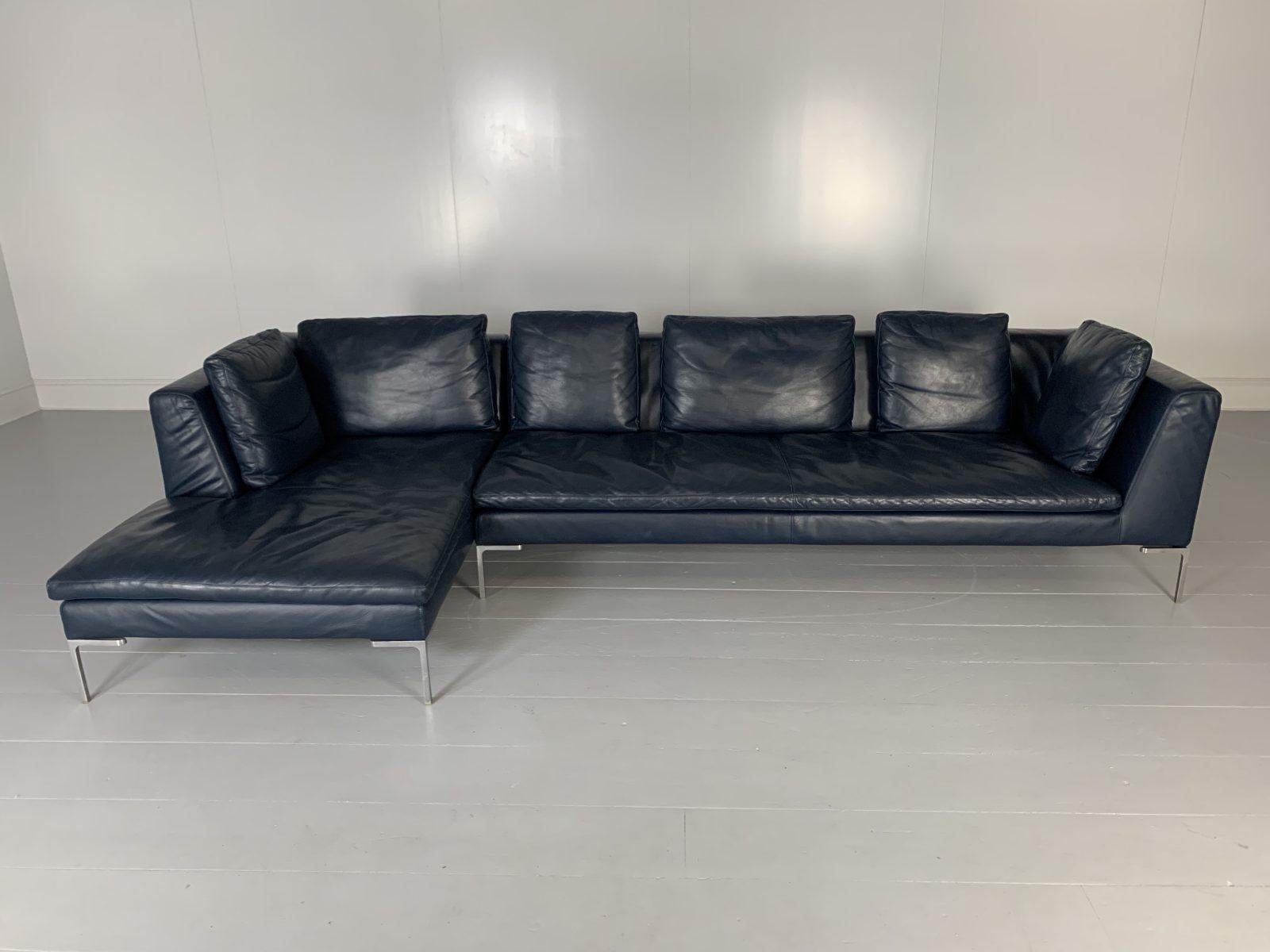 B&B Italia “Charles” L-Shape Sofa, in Navy Blue “Gamma” Leather For Sale at 1stDibs