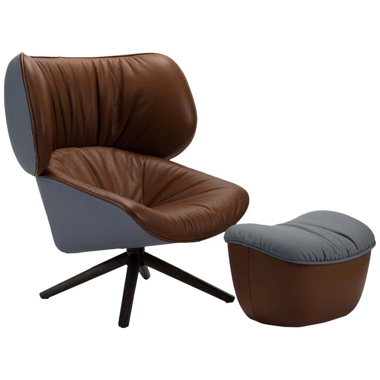 Tan Leather / Light Blue Fabric Tabano Swivel Chair and Ottoman B&B ...