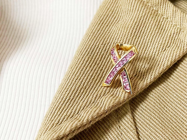 BCRF Pink Ribbon Brooch in 14k Yellow Gold For Sale at 1stDibs
