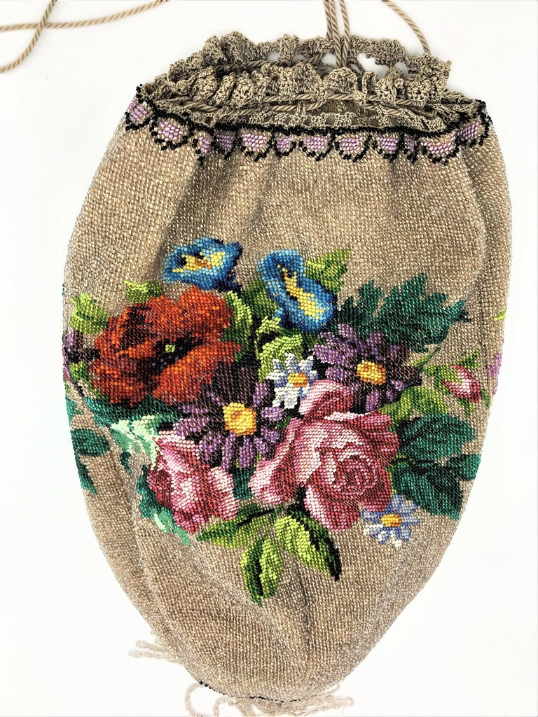 Beaded antique pompadur bag biedermaier Germany For Sale at 1stDibs