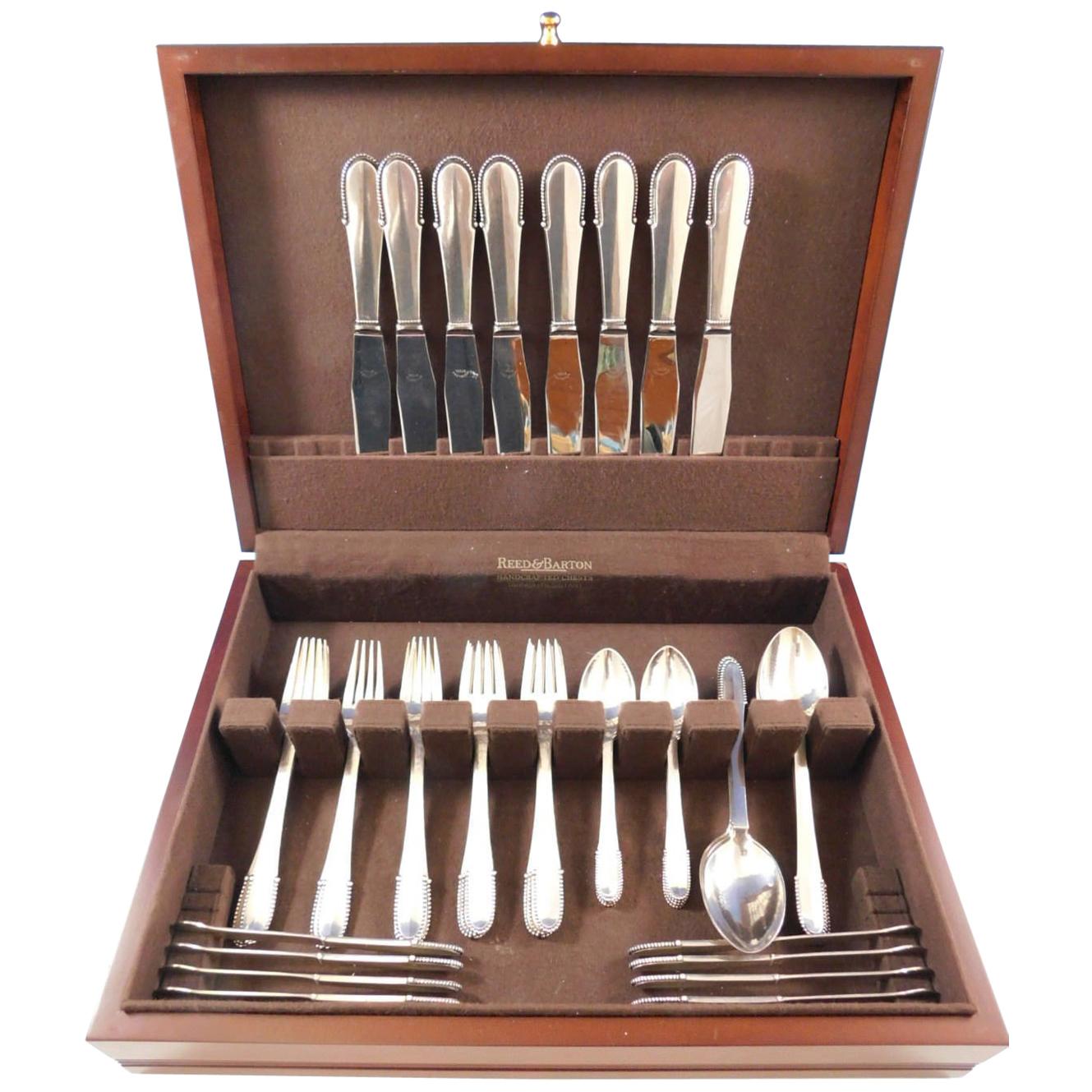 Beaded by Georg Jensen Sterling Silver Flatware Set for 8 Service 48 Pcs Dinner For Sale at 1stDibs