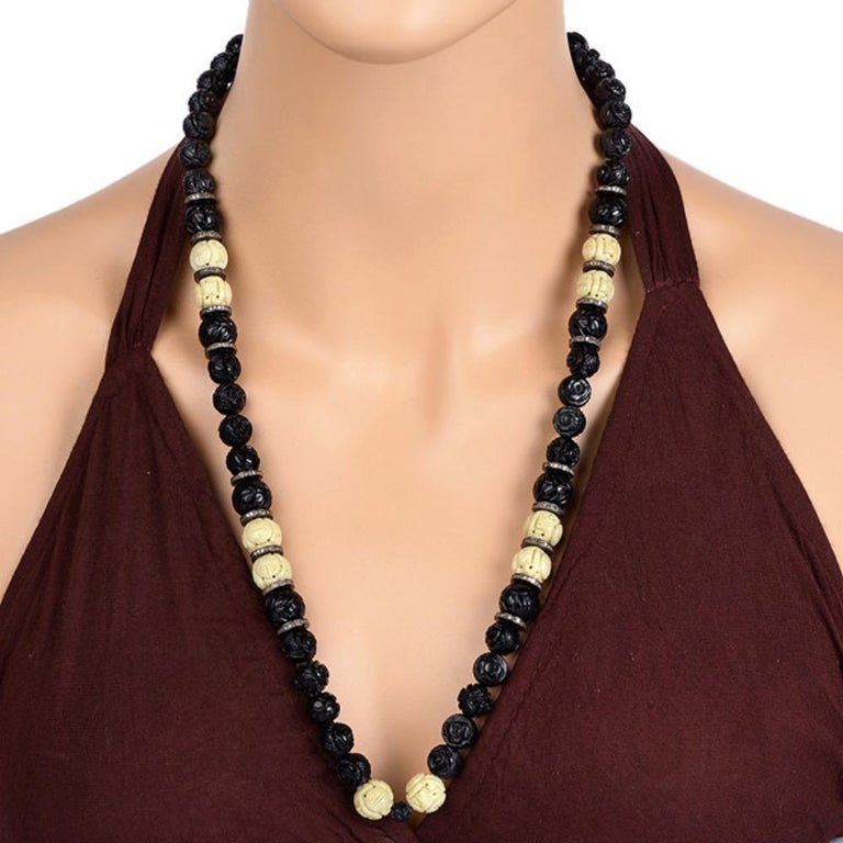 Beaded Jade and Black Onyx Opera Necklace with Diamonds For Sale at 1stDibs