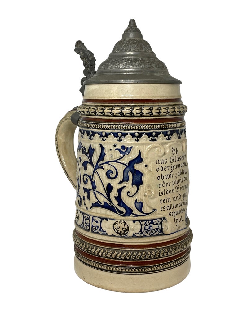 Beautiful 1 Liter Antique Germany Lidded Beer Stein Glazed Ceramic ...