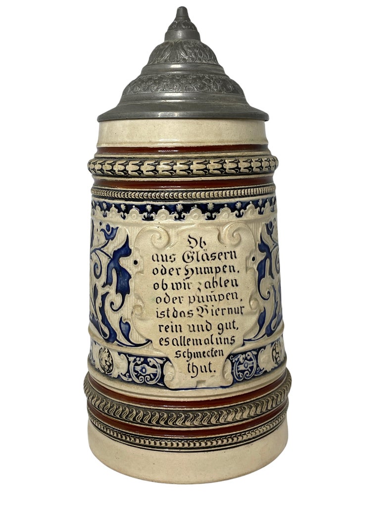 Beautiful 1 Liter Antique Germany Lidded Beer Stein Glazed Ceramic ...
