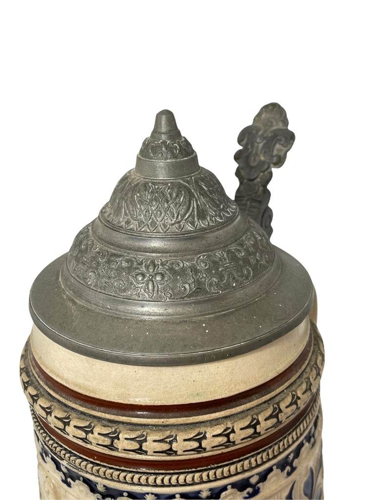 Beautiful 1 Liter Antique Germany Lidded Beer Stein Glazed Ceramic