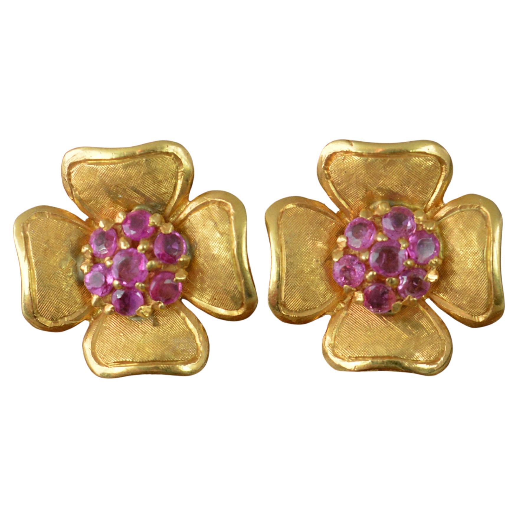 2.20 Carat Round Ruby and Diamond Flower Stud Earrings For Sale at 1stDibs