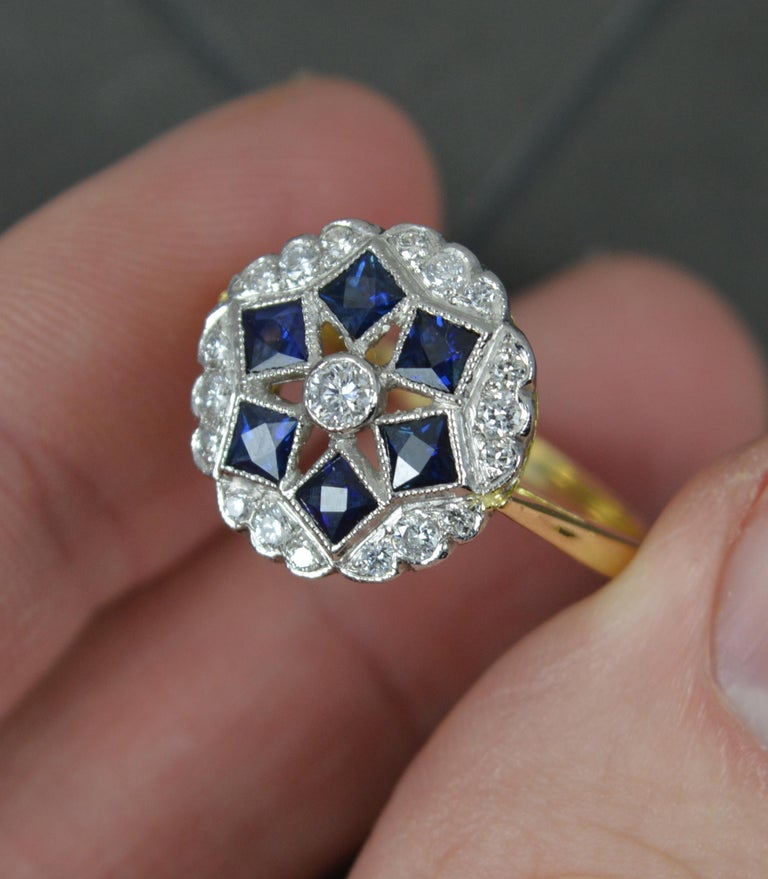 Beautiful 18ct Gold French Cut Sapphire and Diamond Cluster Panel Ring ...