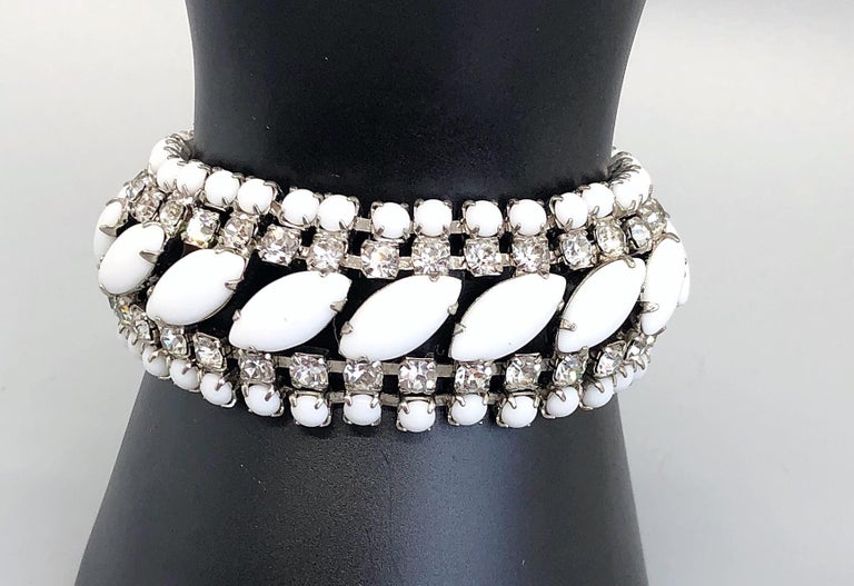 Beautiful 1960s Rhinestone White and Silver Vintage 60s Cuff Bracelet ...