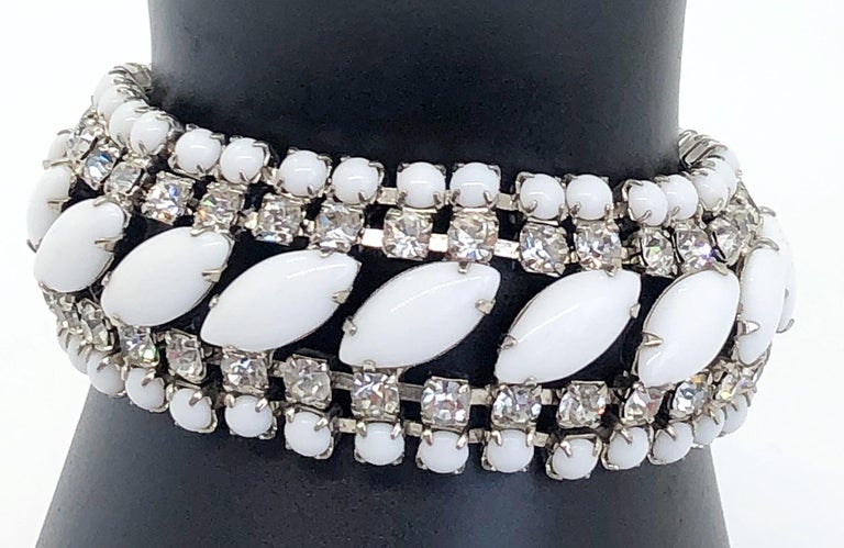 Beautiful 1960s Rhinestone White and Silver Vintage 60s Cuff Bracelet ...