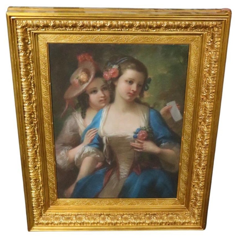 Beautiful 19th C Pastel Painting of 2 Young Women For Sale at 1stDibs